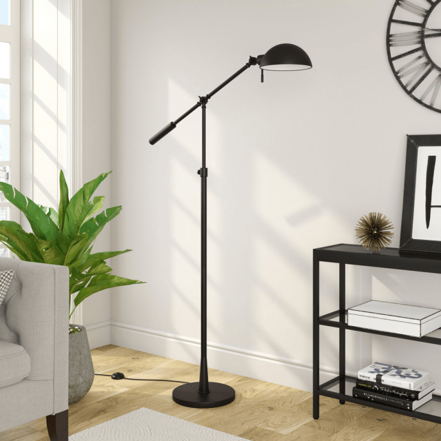 61" Black Adjustable Swing Arm Floor Lamp With Black Cone Shade ...