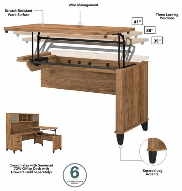 Pemberly Row Sit-Stand L Desk Set with File Cabinet in Walnut ...