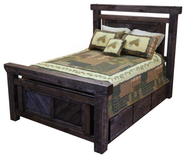 Barnwood Style Timber Peg Panel Platform Bed with Footboard - Farmhouse ...