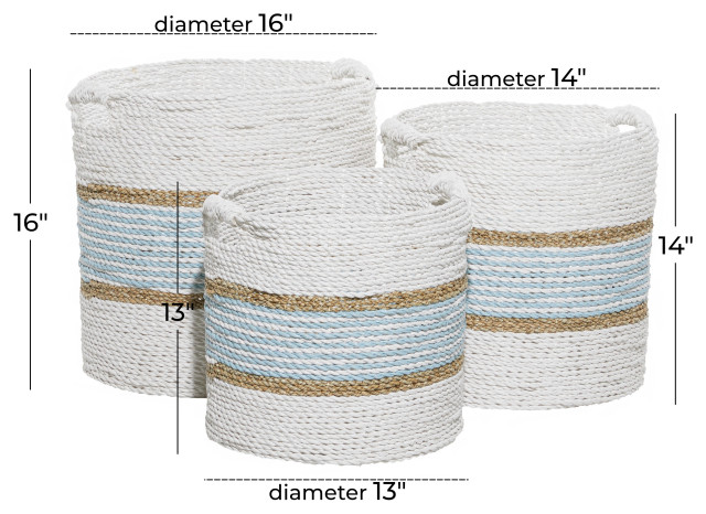 Set of 3 White Wood Coastal Storage Basket, 16", 14", 13" - Beach Style ...