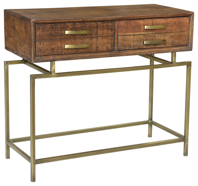 Goldbust Solid Wood Console Table in Natural with Brass-Finished Iron ...
