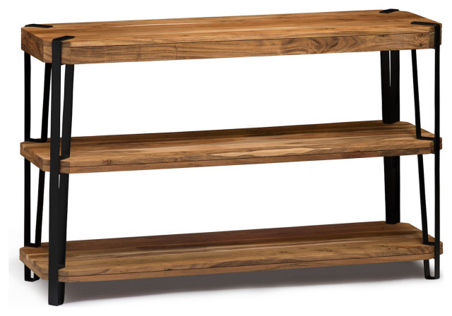 Industrial Console Table, Integrated Black Metal Legs & 3 Acacia Tiers ...