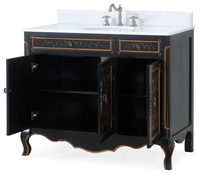 42" Black Hand-Painted Floral Decoroso Side Cabinet Bath Vanity With ...
