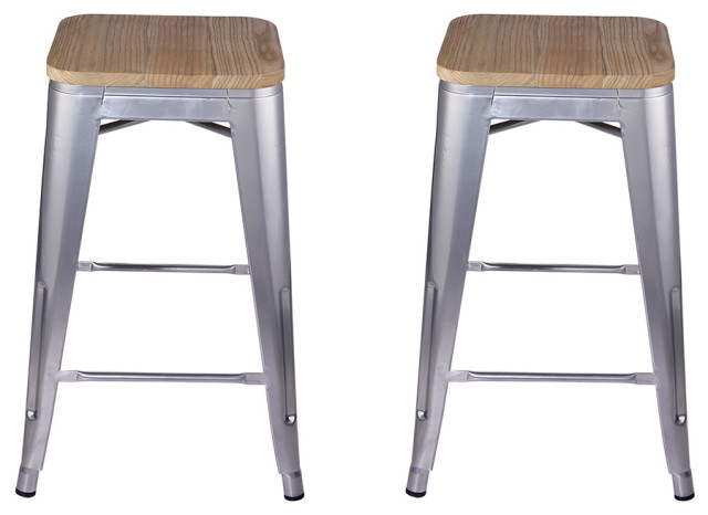 Metal Backless Silver Bar Stools With Light Wooden Seat, Set of 2 ...