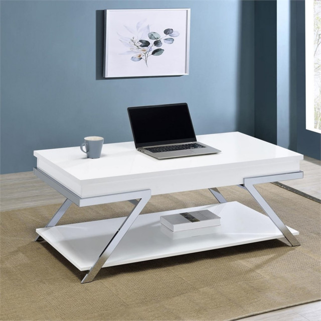 Pemberly Row Contemporary Wood Lift Top Coffee Table White and Chrome ...