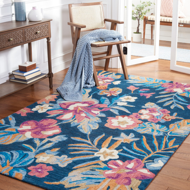 Safavieh Jardin Jar152M Tropical, Floral / Country Rug, Blue/Pink, 5'x8 ...