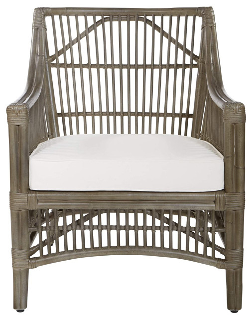 Tropical Accent Chair with Grey Padded Seat Cushion and Slatted Rattan ...