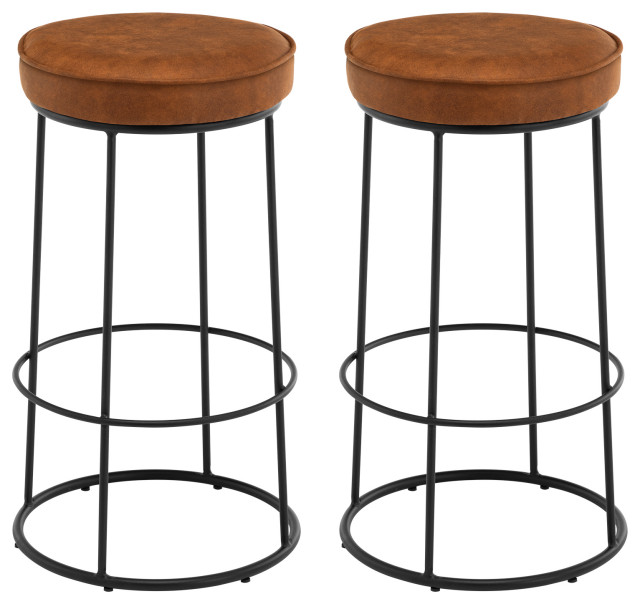 Set of 2 Round Circular Base Leathaire Bar Stools - Industrial - Bar ...