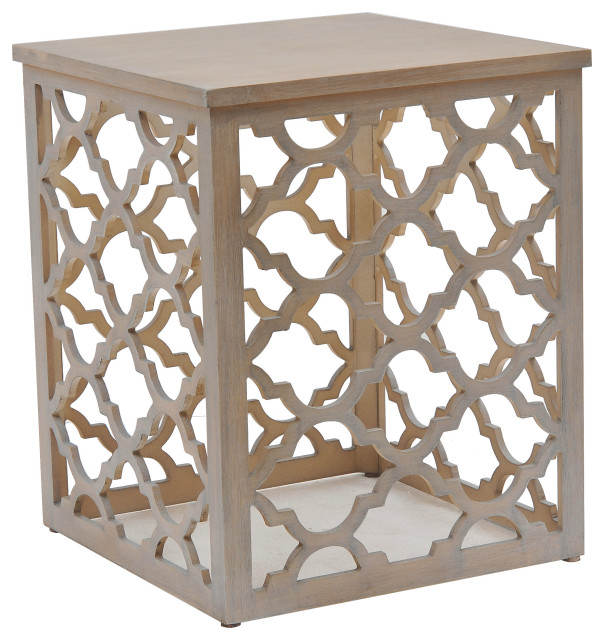 Wooden Cage Like End Table with Quatrefoil Cut Out Details, Cream ...