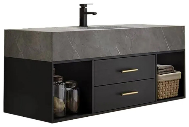 Black and Gray Floating Bathroom Vanity with Sintered Stone Vessel Sink ...