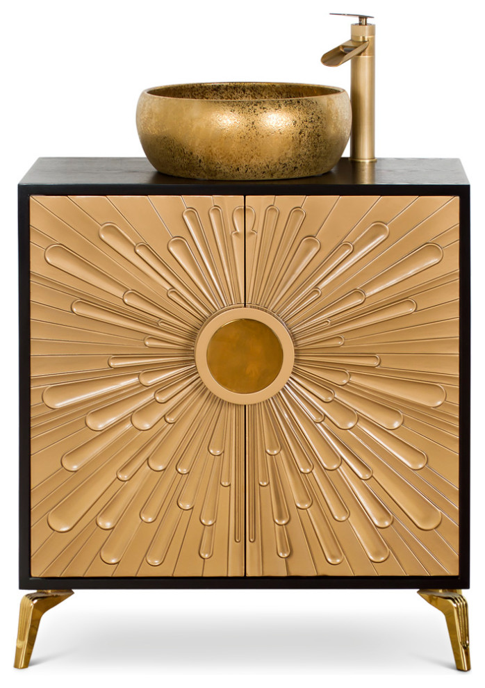 Gold and Black Sun Motif Zen Modern Asian Vanity Cabinet - Asian ...
