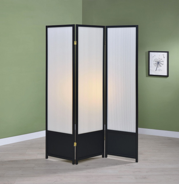 3 Panel Folding Floor Screen with Translucent Inserts, Black ...