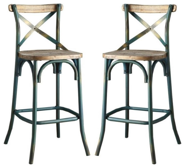 Home Square 20.47" Metal Bar Height Chair in Blue and Brown - Set of 2 ...
