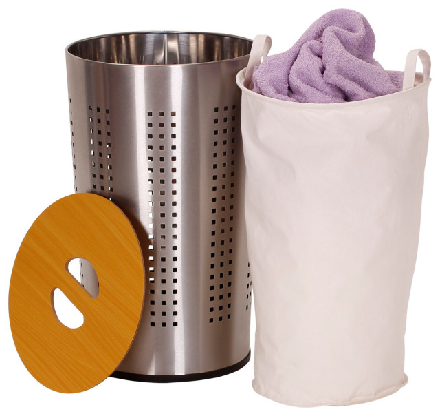 Round Metal Hamper With Engineered Wooden Lid - Contemporary - Hampers ...