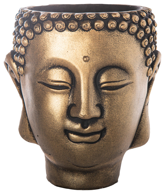 Round Cement Buddha Head Pot Washed Painted Gold Finish, Medium - Asian ...