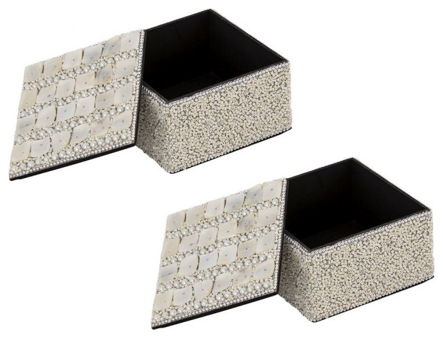Square White Box Shells And Beads Set Of 2Decorative Square Box ...