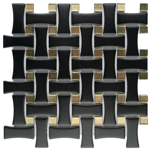 Metro Dog Bone Basketweave With Glass Gold Dot Porcelain Mosaic Wall ...