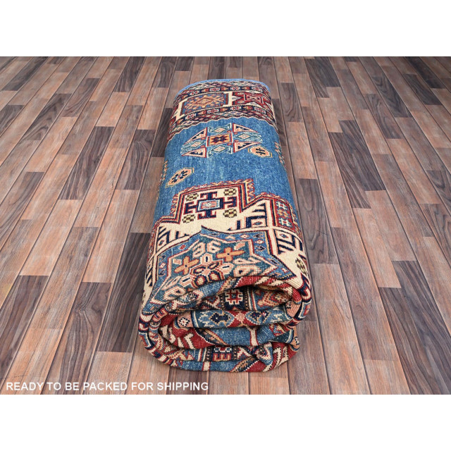 Cerulean Blue Special Kazak Wool Hand Knotted Natural Dyes Rug 9' x 11 ...