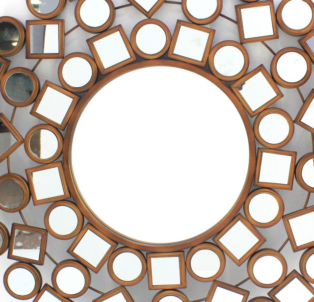Round Wall Mirror Surrounded by Smaller Round and Square Mirrors, Brown ...