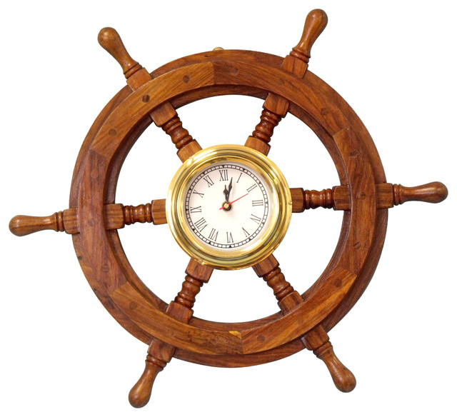 Wooden Ship Wheel Clock, 18" - Beach Style - Wall Clocks - by ...