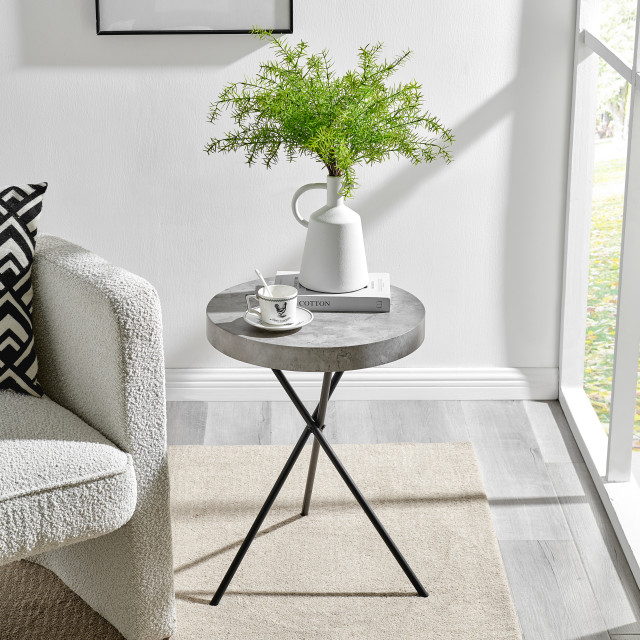Circular Modern Grey Concrete Finish Black Metal Legs Accent Table ...
