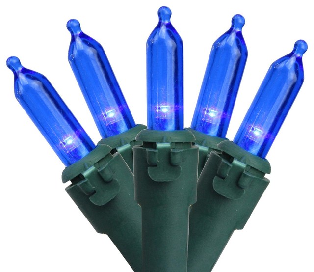 Set of 50 Blue LED Mini Christmas Lights 4" Spacing - Green Wire ...