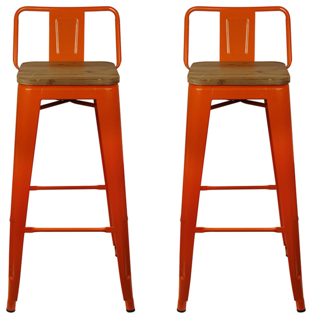 Orange Low Back Metal Barstools With Wooden Seat, Set of 2 - Industrial ...