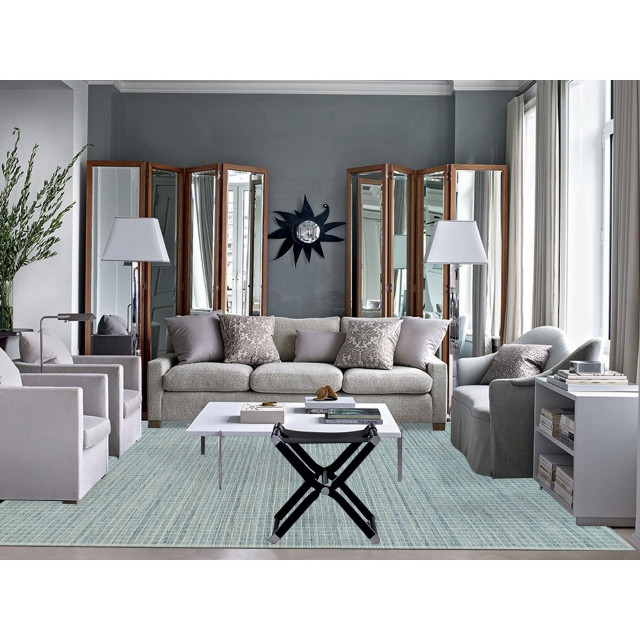 Spruce Blue Plain Decor Modern Box Design Loomed Knotted Wool Rug 10' x ...