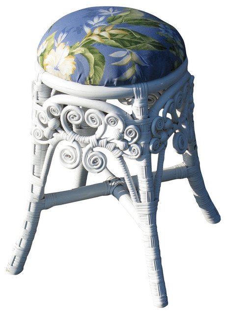 Classic Vanity Stool, White, Jamaica Mist Fabric - Tropical - Vanity ...