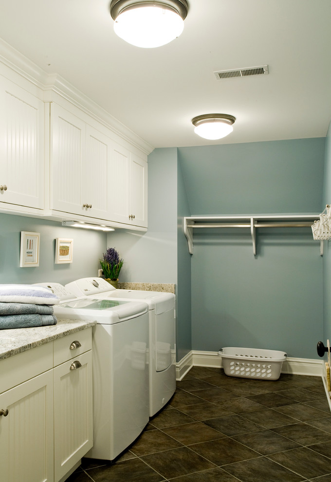 Laundry Room with White Recessed Panel Beadboard Cabinets - Traditional ...