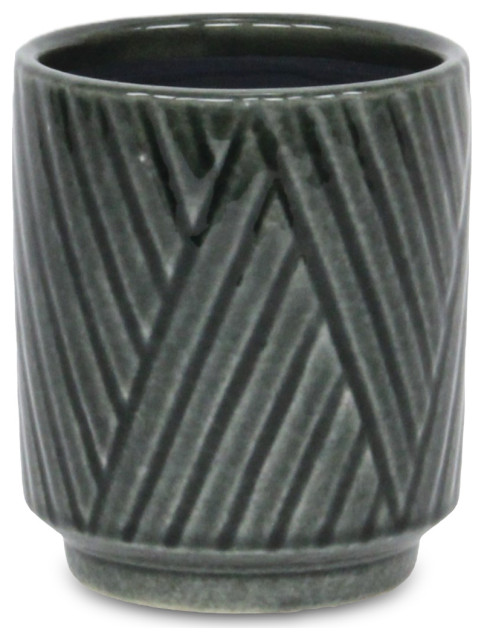Dark Gray Ceramic Pot with Crossed Diagonal Pattern - Transitional ...