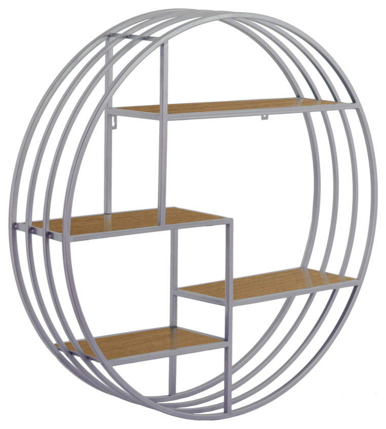 Spacious Round Metal Wall Shelf With 4 Wooden Shelves, Silver ...