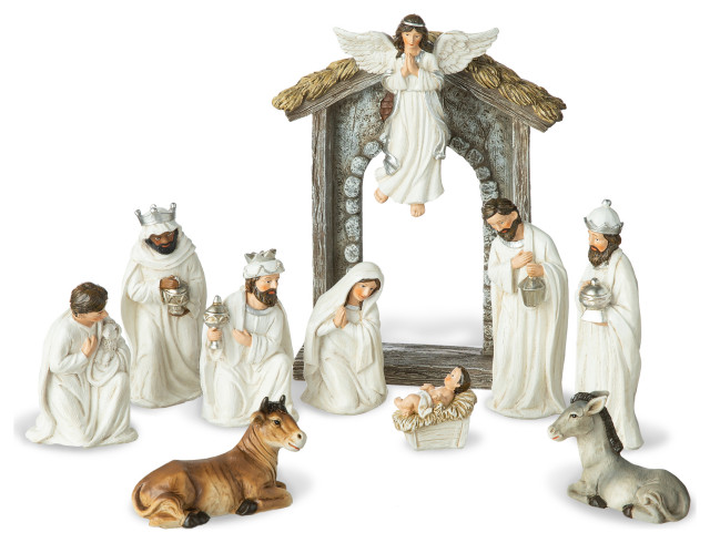 11-Piece Ivory Resin Nativity Figurine Set - Traditional - Holiday ...