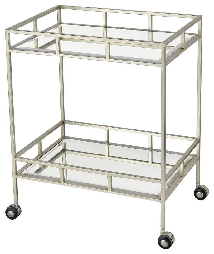 Metal Mirror Two-Tier Rectangular Drink Carts in Nickel Finish Wheeled ...