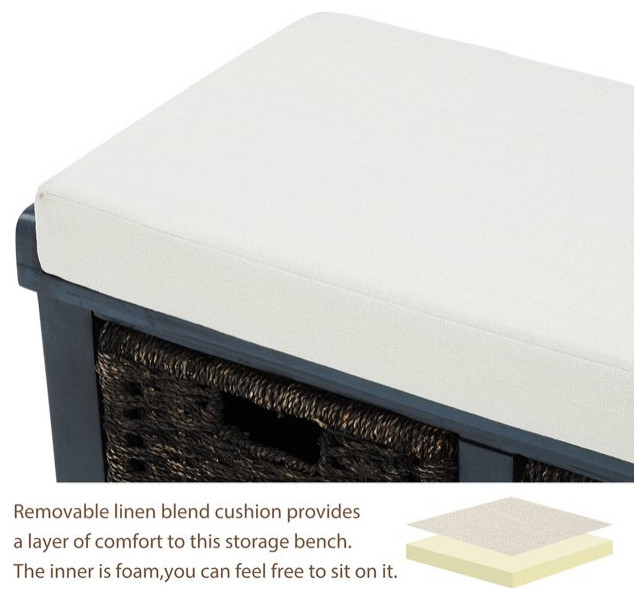 Rustic Entryway Storage Bench with 3 Removable Rattan Baskets and ...