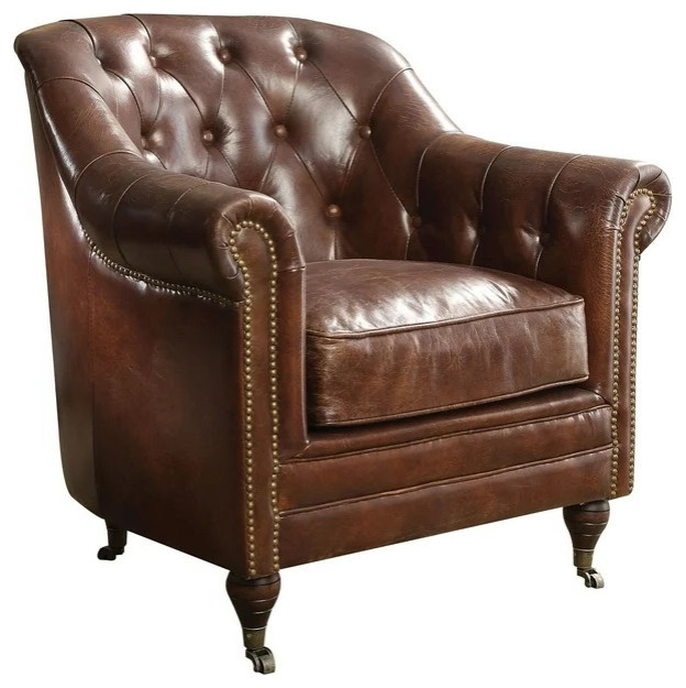 Vintage Dark Brown Leather Accent Chair with Nailhead Trim and Tufted ...