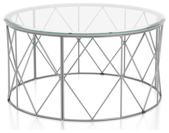 Modern Chrome Coffee Table, Drum Shape with Diamond Pattern & Glass Top - Contemporary - Coffee ...