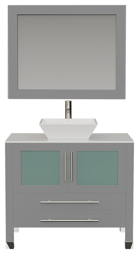 36" Gray Single Vessel Sink Bathroom Vanity, White Porcelain Top and ...