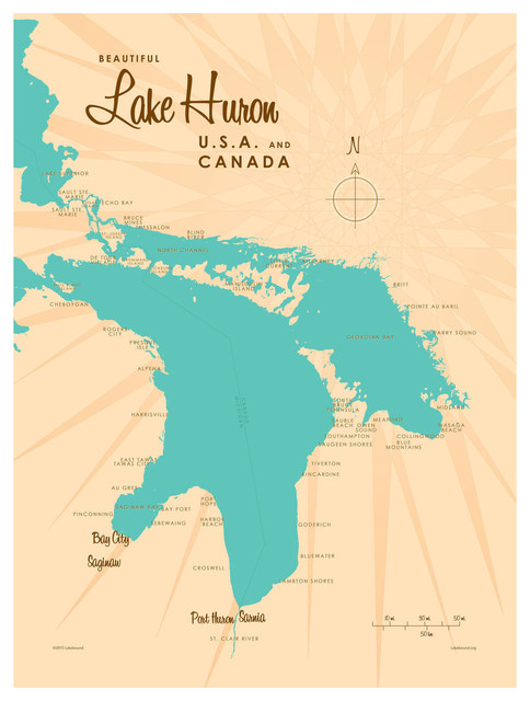 Lakebound Lake Huron Michigan Map Art Print, 9"x12" - Contemporary ...