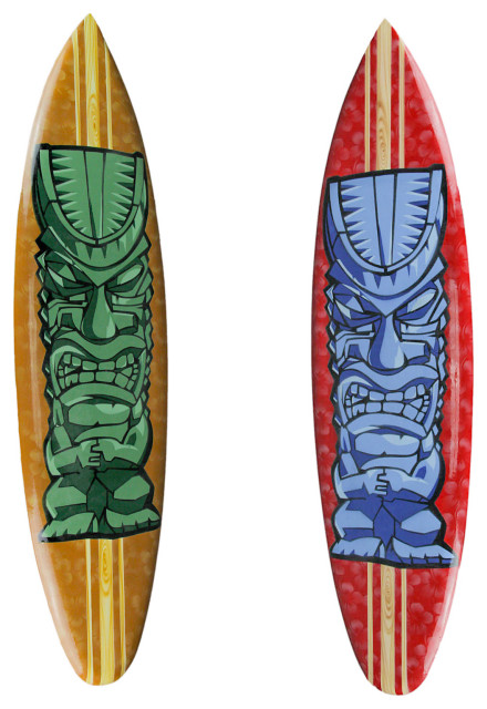 Colorful 40 Inch Wooden Tropical Tiki Idol Surfboard Wall Hanging, One ...