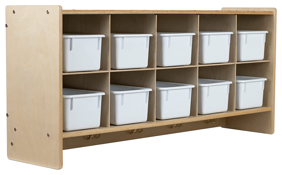 10 Section Wood Cubbies Storage, White Bins, Wall Hanging Organizers ...