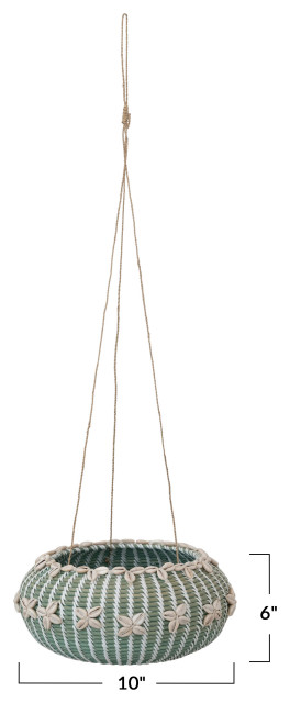 Hanging Handwoven Rattan Planter with Shells and Jute Hanger, Aqua ...