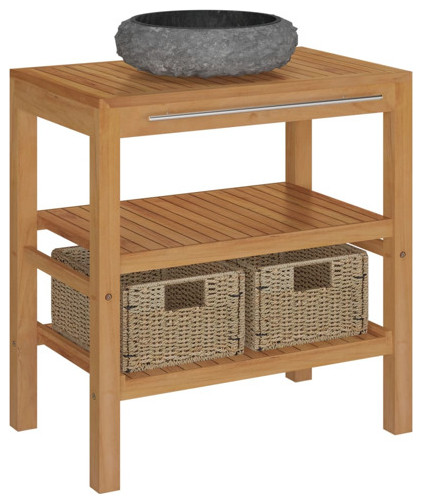 vidaXL Solid Wood Teak Bathroom Vanity Cabinet with Sinks Marble Cream ...