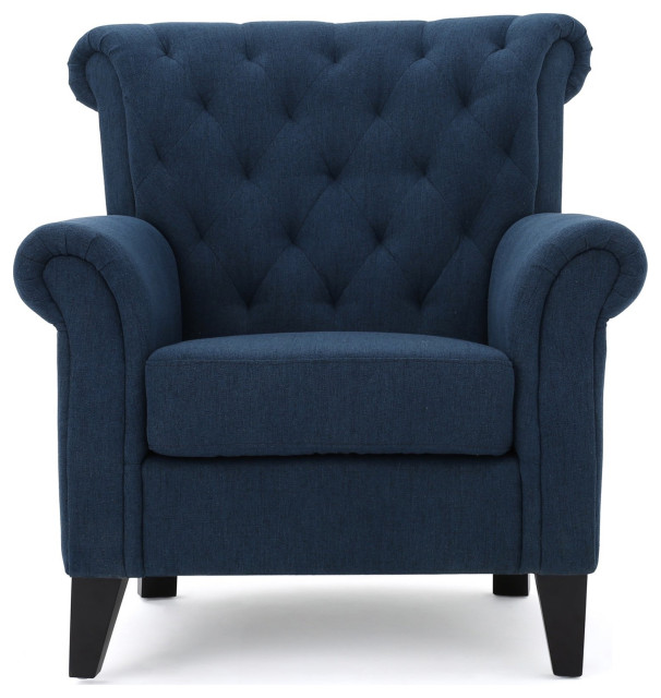 Dark Blue Traditional Accent Chair with Rolled Arms and Deep Button ...