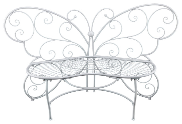 62"L Indoor/Outdoor 2 Person Metal Butterfly Shaped Garden Bench, White ...