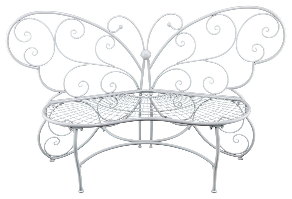 62"L Indoor/Outdoor 2 Person Metal Butterfly Shaped Garden Bench, White ...