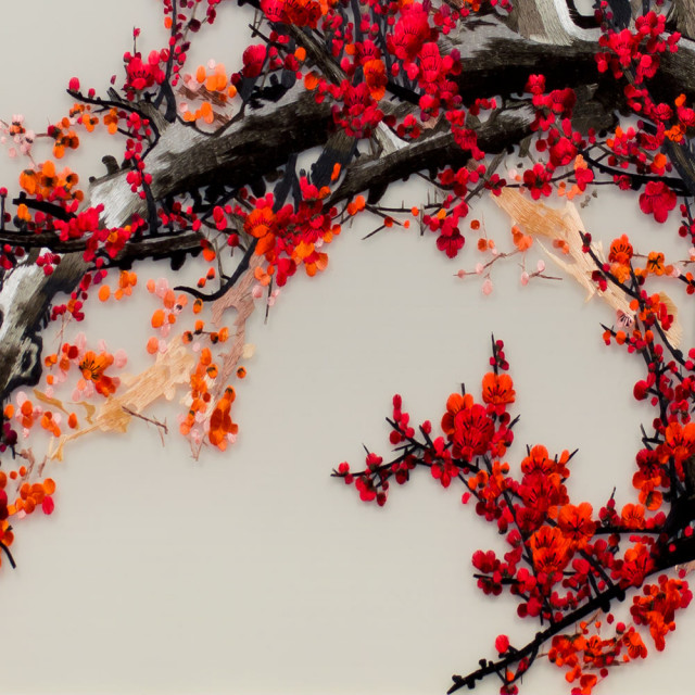 Rectangular Chinese Silk Embroidery of Red Cherry Blossom Tree - Asian ...