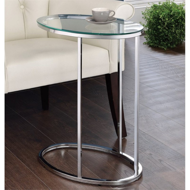 Bowery Hill End Table Coffee Accent Table Oval in Glass Top and Metal - Chrome - Contemporary ...