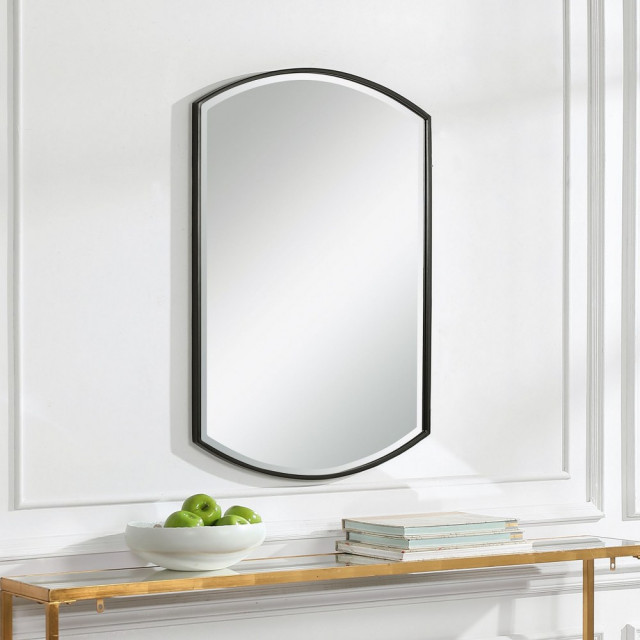 Modern Rounded Rectangle Wall Mirror in Satin Black Finish Arched Top ...