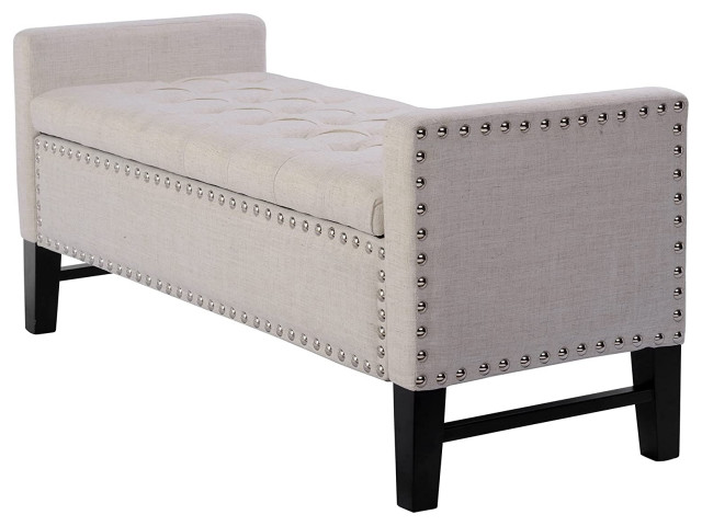 Elegant Storage Bench, Birch Legs With Button Tufted Lid and Nailhead ...